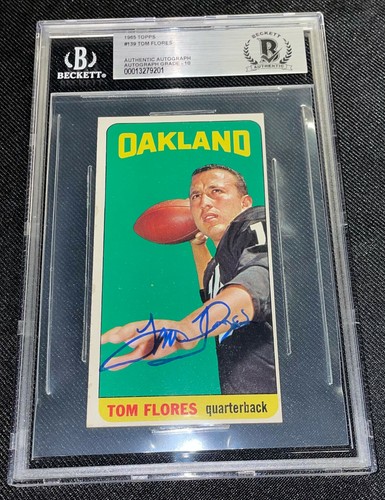TOM FLORES SIGNED 1965 TOPPS #139 RAIDERS CARD BECKETT AUTO GRADE 10 ...