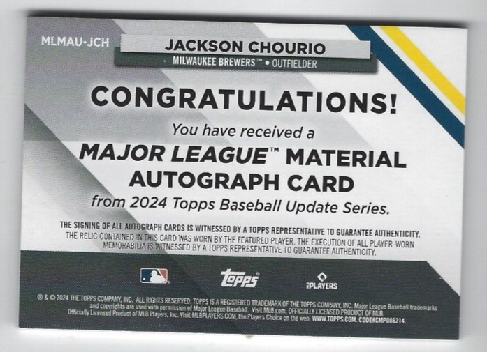 2024 Topps Update Jackson Chourio Auto Jersey /25 Autograph | eBay