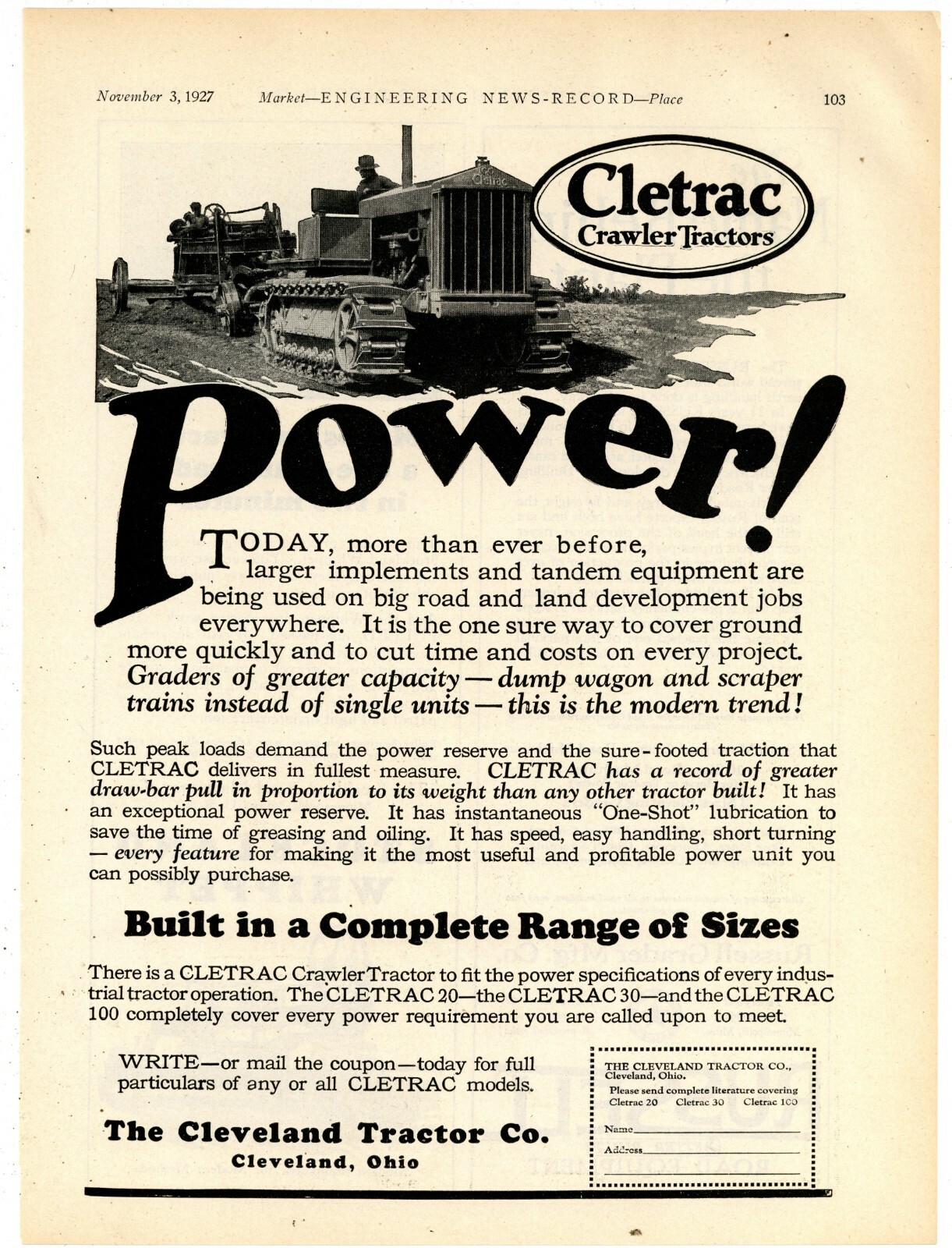 1927 CLETRAC Cleveland Tractor Ad: 20, 30, 100 Models Mention - POWER ...