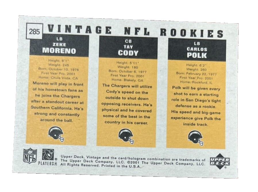 2001 UPPER DECK VINTAGE ROOKIES CARD # 285 Zeke Moreno-Tay Cody-Carlos ...