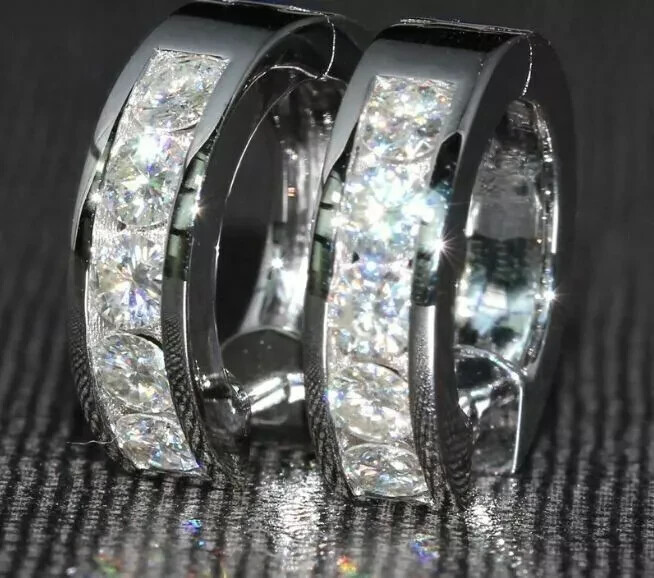Round Real Moissanite Men's Snap Hoop Earrings 14K White Gold Plated ...