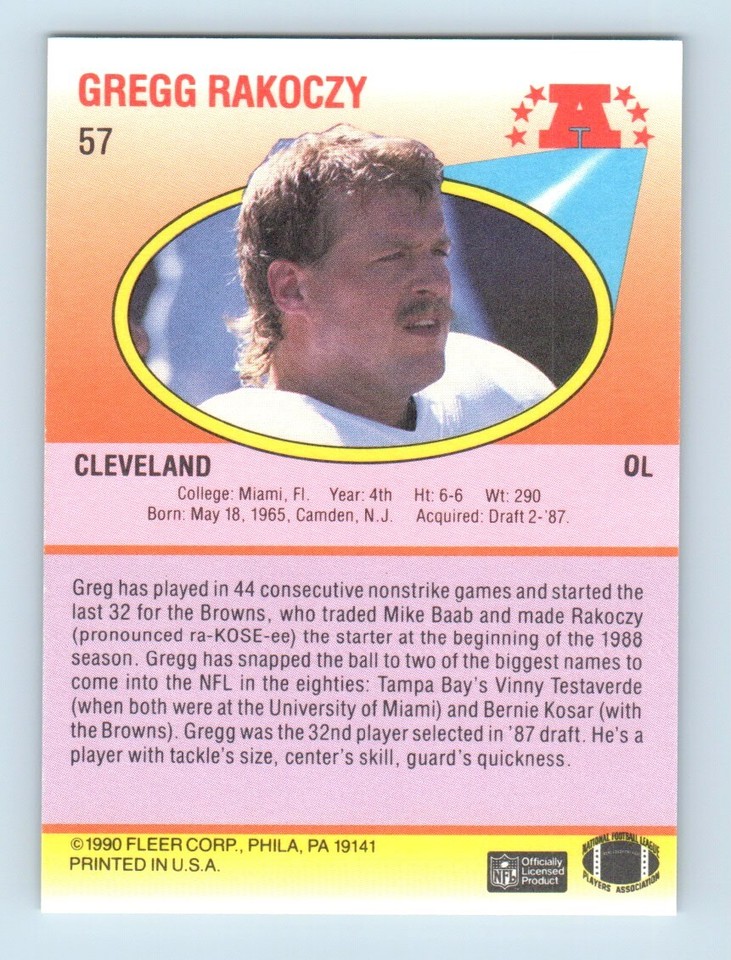 1990 Fleer Gregg Rakoczy Rookie Cleveland Browns #57 | eBay