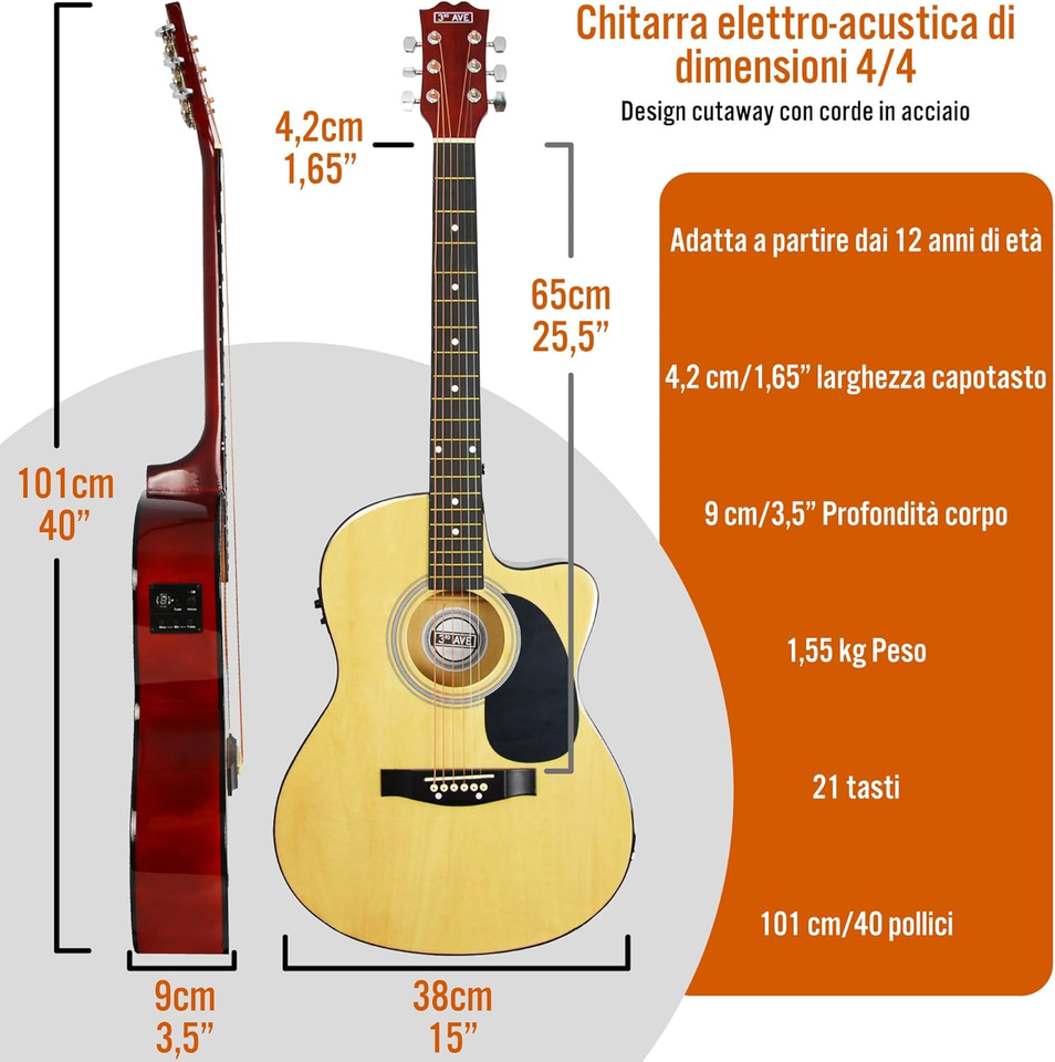 Pacchetto Con Chitarra Elettro-Acustica Cutaway Di Dimensioni Standard ...