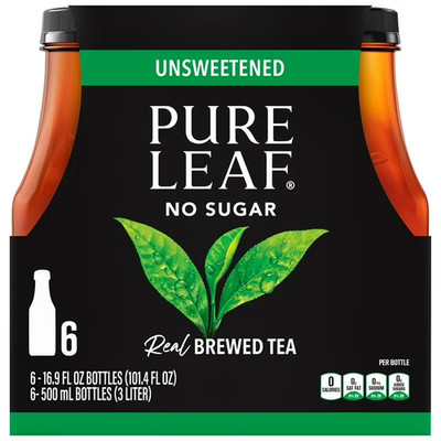 Lipton Pure Leaf Unsweetened Real Brewed Black Iced Tea, 16.9 fl oz, 6 ...