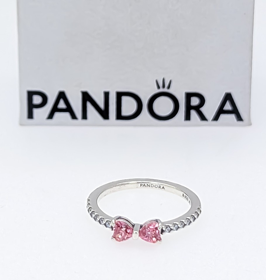 New 100% Authentic PANDORA 925 Ale Silver Pave Sparkling Pink Bow Ring ...