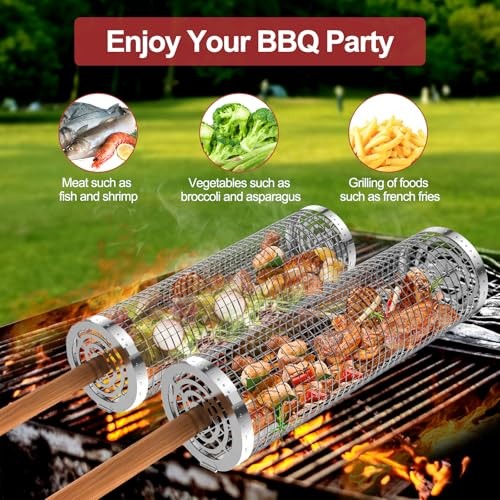 Grill Baskets for Outdoor Grill, Rolling Grill Basket with Removable ...
