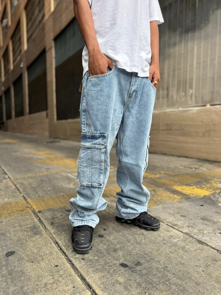 LIME TREE Unisex Baggy Acid Wash Cargo Jeans – Loose Fit Streetwear ...