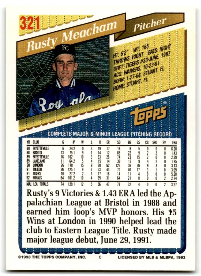 1993 Topps Gold Rusty Meacham Kansas City Royals #321 | eBay