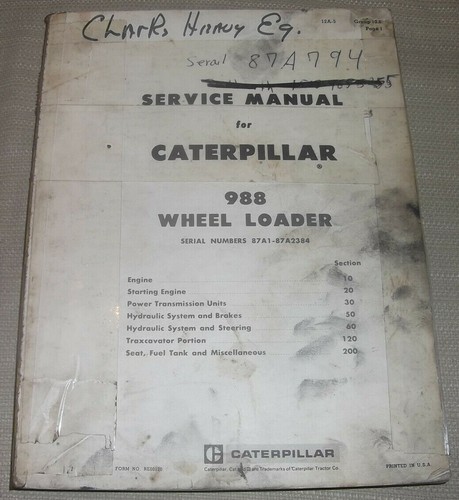 CAT CATERPILLAR 988 WHEEL LOADER SERVICE SHOP REPAIR MANUAL BOOK S/N ...