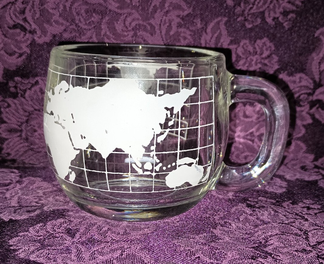 Vintage Nestle World Crystal Coffee Mug Cup Etched Glass Map Globe ...