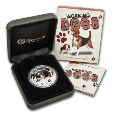 2011 $1 Tuvalu WORKING DOGS Beagle Detector 1oz Silver Colorized Proof ...