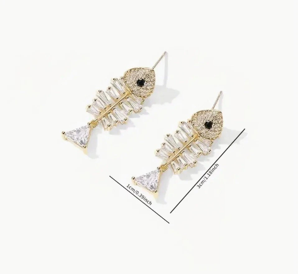 VTG Fish Bone Earrings Koi Zircon Gold Crystal Goldfish CZ ...
