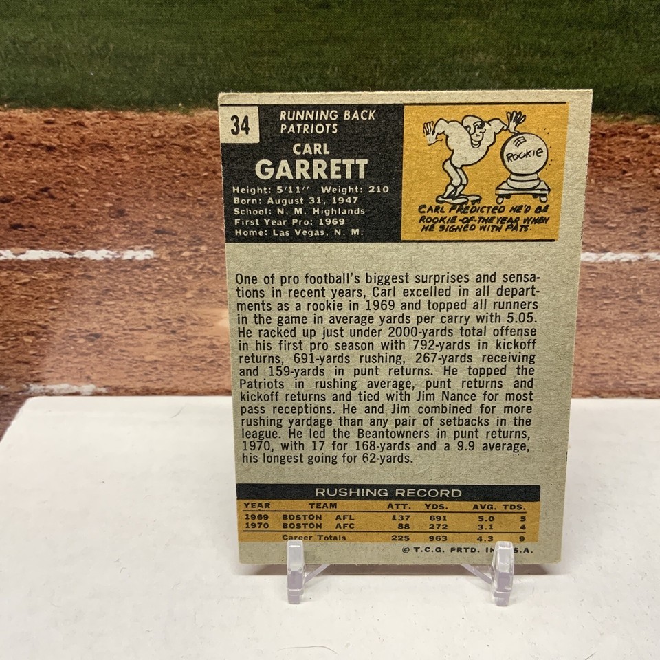 1971 Topps CARL GARRETT RC #34 New England Patriots Rookie Football ...