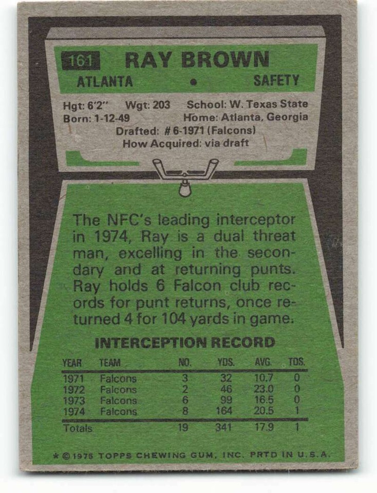 1975 Topps #161 Ray Brown VG/EX Very Good/Excellent Falcons ID:246656 ...