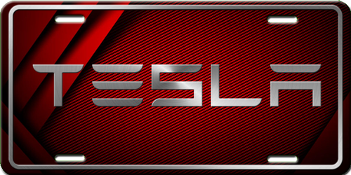 Simulated Steel TESLA Emblem Logo on Red Aluminum Vanity License Plate ...