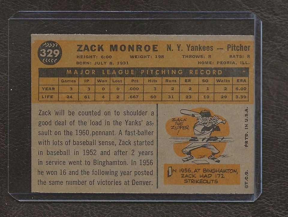 1960 Topps Baseball Card #329 Zack Monroe, New York Yankees, NM! | eBay
