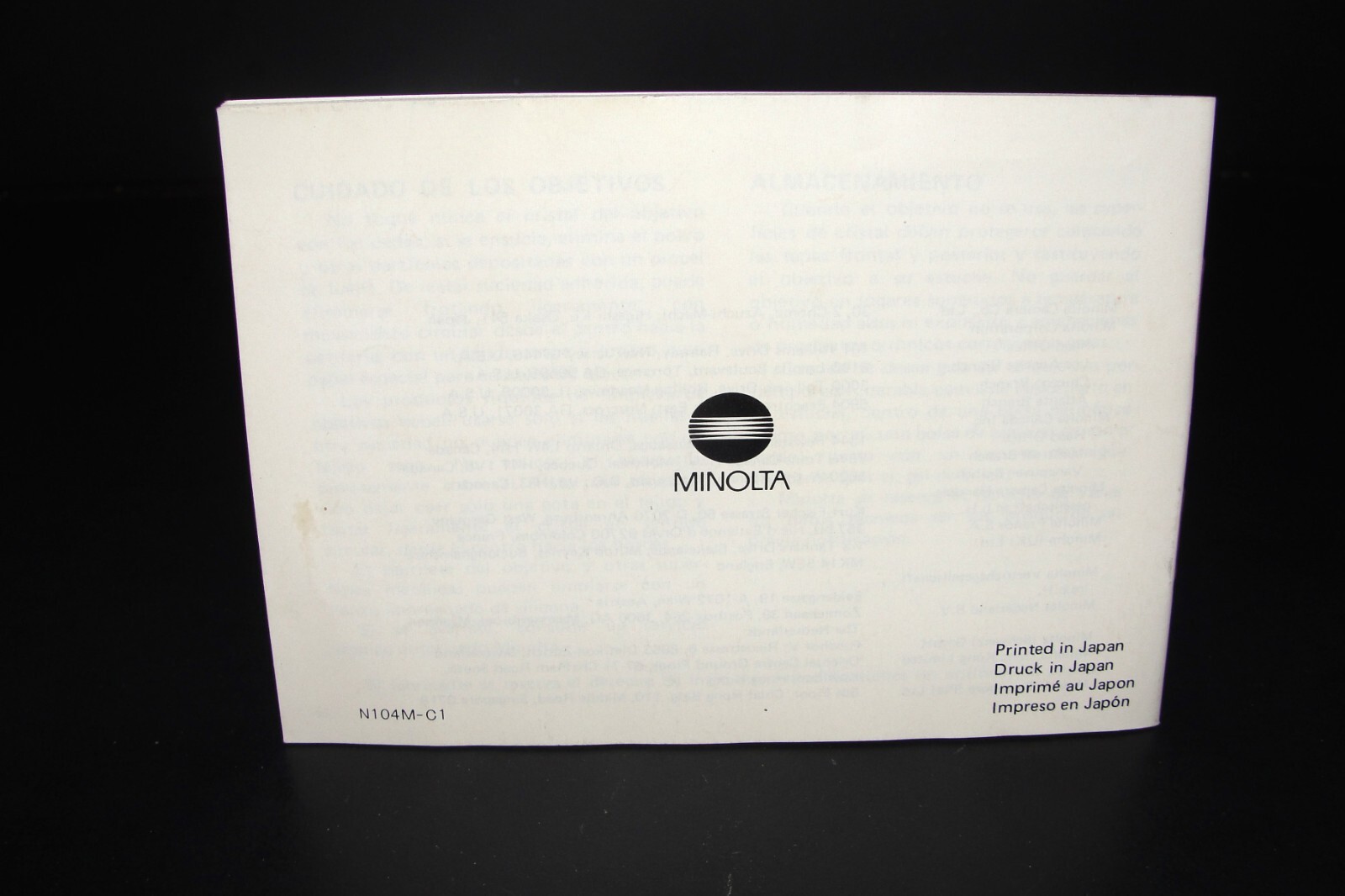 Vintage Minolta Camera MD Lenses Instruction & Depth of Field Tables ...