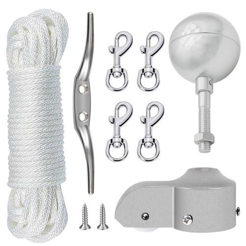 NQ Flagpole Hardware Repair Parts Kit,50 Feet Halyard Rope+3" Silver ...