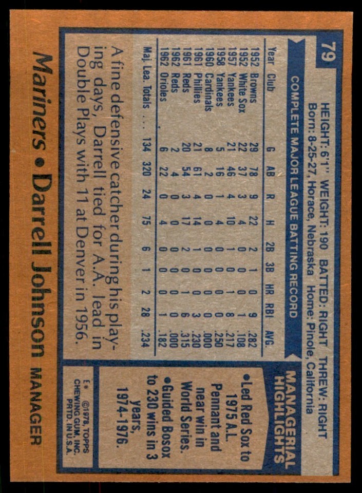 1978 TOPPS DARRELL JOHNSON (101) SEATTLE MARINERS #79 | eBay