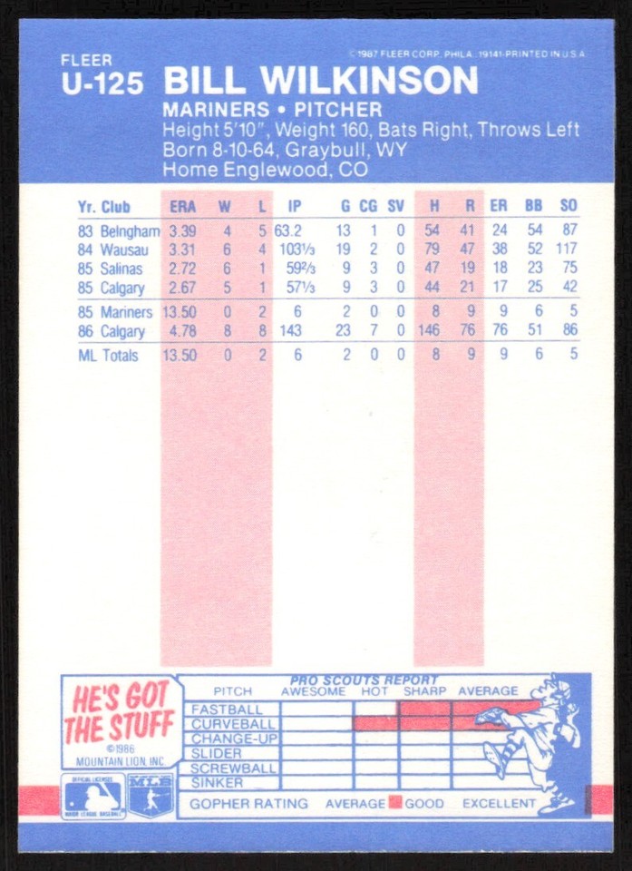 1987 Fleer Update Baseball Card Bill Wilkinson #U-125 Seattle Mariners ...