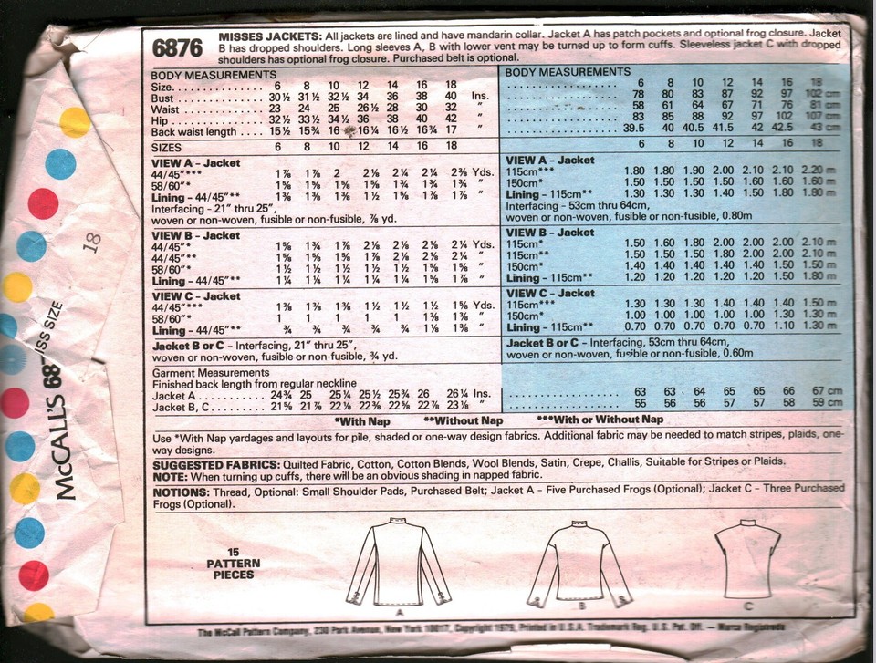 6876 Vintage McCalls Sewing Pattern Misses Lined Jackets Mandarin ...
