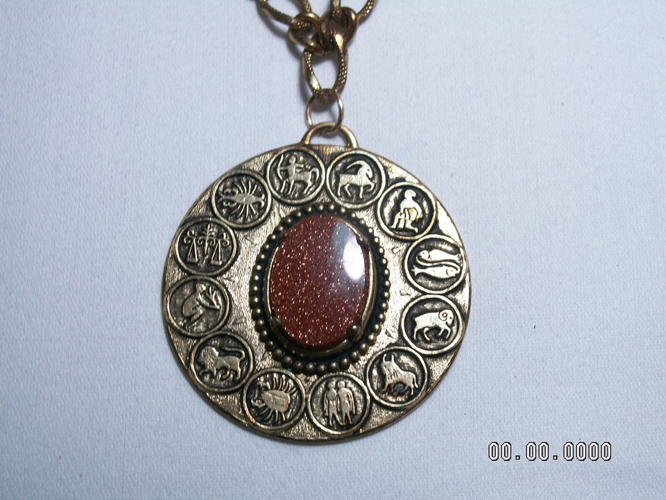 Vintage Gold Tone, Goldstone Astrology Symbols Pendant Necklace | eBay UK