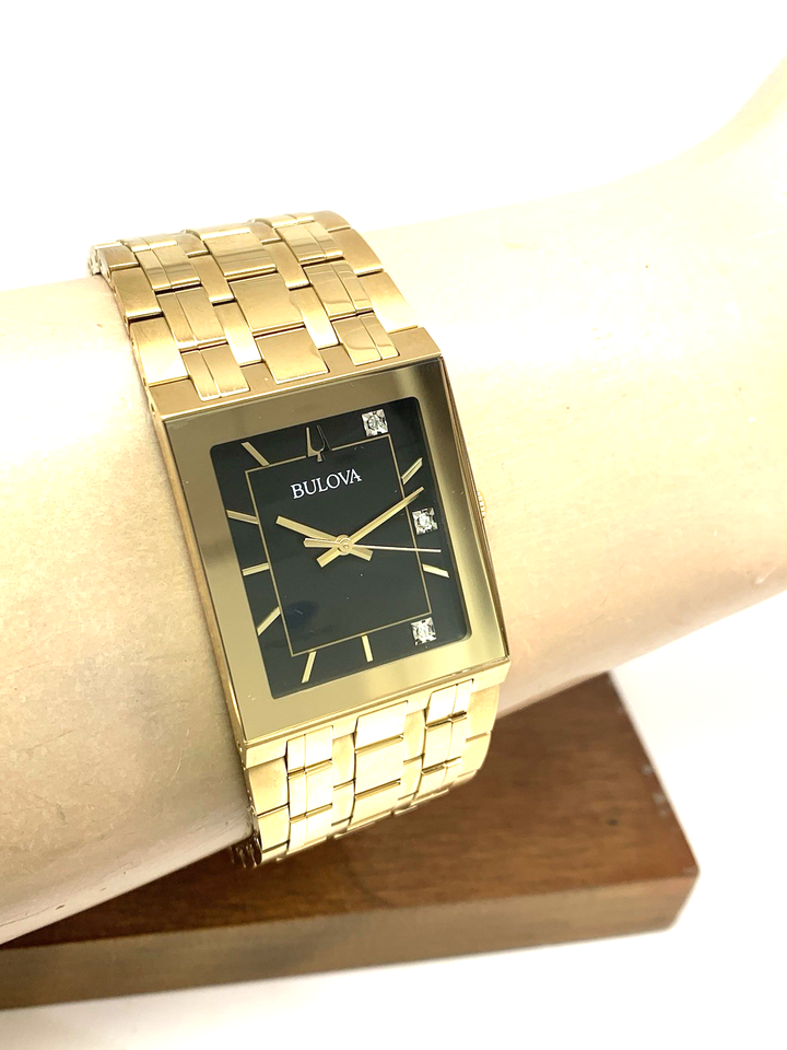 Bulova Men's Watch 97D132 Quadra Quartz Diamond Black Dial Gold Steel ...
