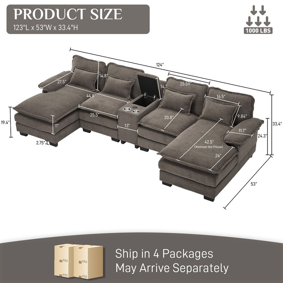 Modern 124" U-Shaped Oversized Sectional Sofa Couch w/Central Console ...