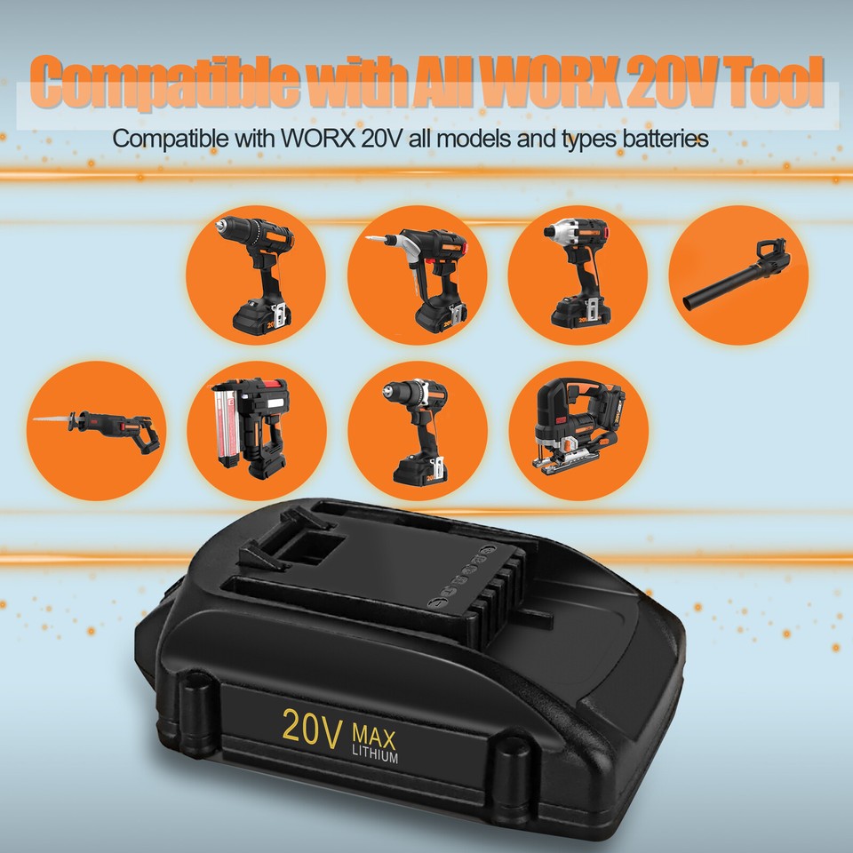 2pack For WORX 20V MAX Extend 8.0Ah Lithium Battery 20 Volt WA3520 ...