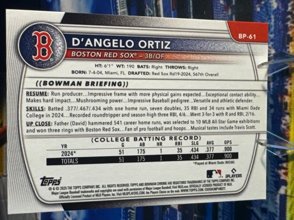 2025 Bowman - Prospects D'Angelo Ortiz #BP-61 (RC) | eBay