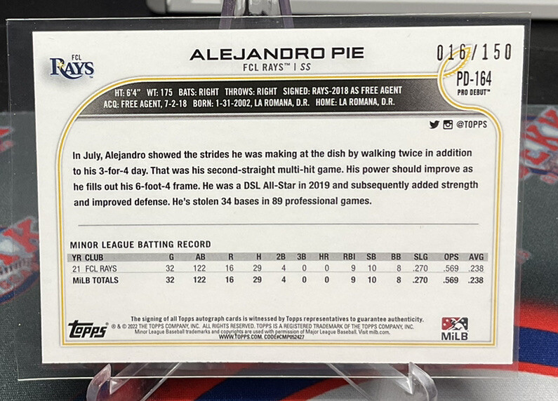 2022 Topps Pro Debut Alejandro Pie #164 Blue Paper Prospect Auto /150 ...