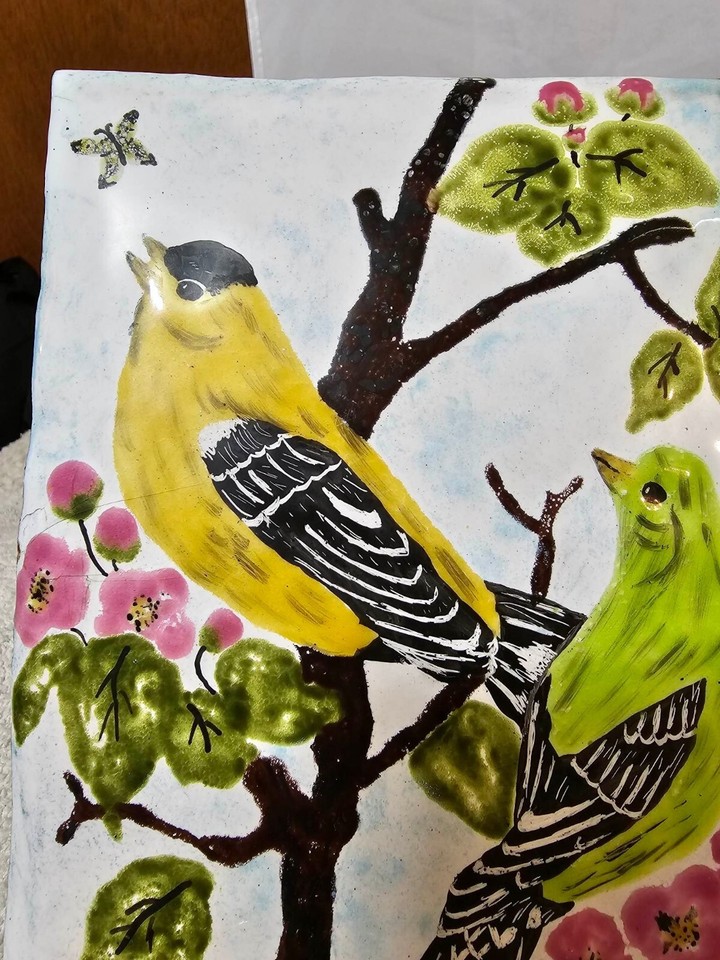 Vtg handpainted Copper Metal 2 bird yellow green on branch pink flower ...