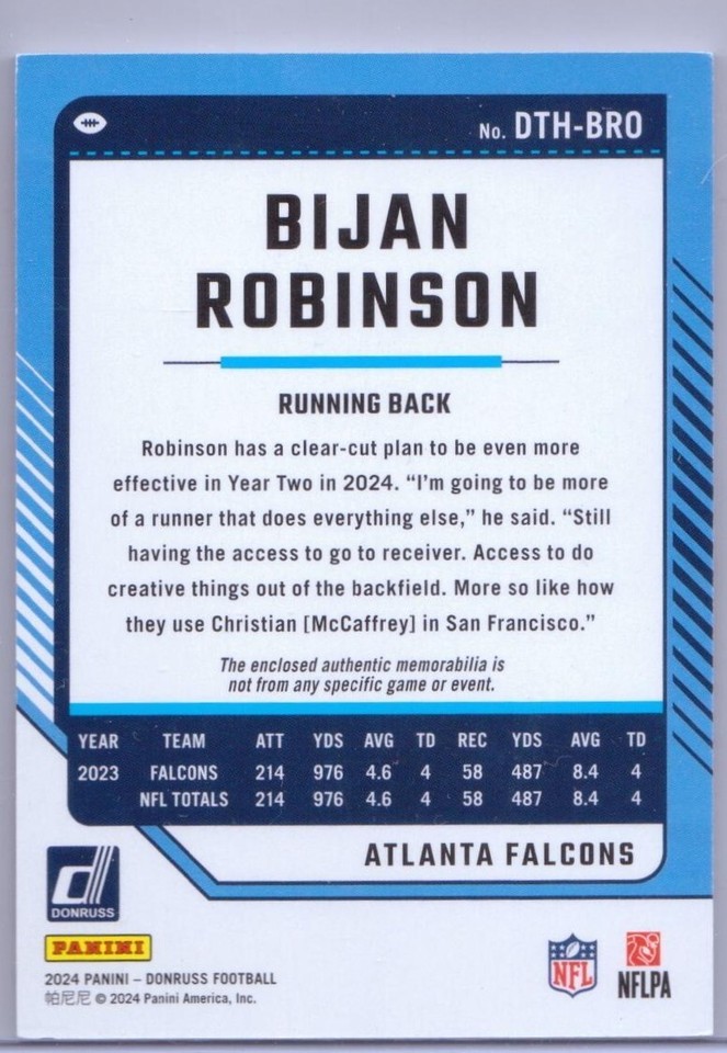 2024 Donruss Threads #DTH-BRO Bijan Robinson - Atlanta Falcons | eBay