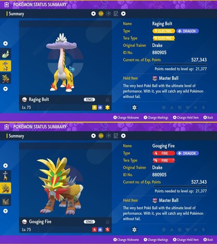 Gouging Fire & Raging Bolt Bundle Lv.75 Paradox Non-Shiny Pokemon ...
