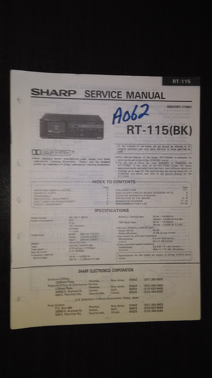 sharp rt-115 Service Manual Original repair stereo cassette deck tape ...