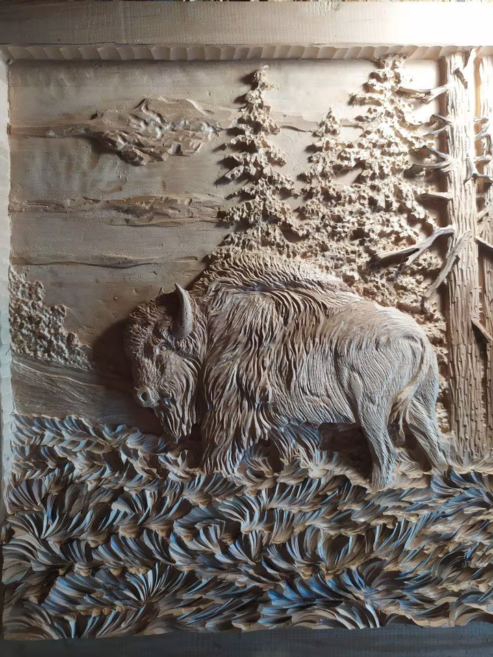 3D Wooden Picture Wood Carving Wall Art Handcarved Wisent Picture ...