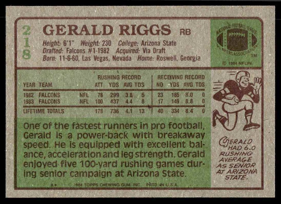 1984 Topps Football Gerald Riggs Atlanta Falcons #218 | eBay