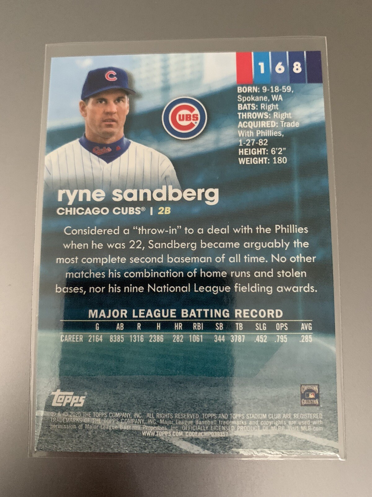 Cubs Ryne Sandberg 2020 Topps Stadium Club Baseball Card MLB HOF #168 ...