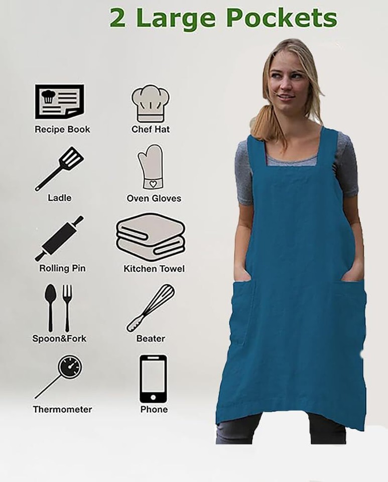 Japanese Aprons Plus Size Smock for Women with Pockets Cross Back ...