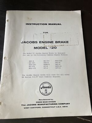 Jacobs Engine Jake Brake Model #20 instruction Shop Manual Cummins Book ...