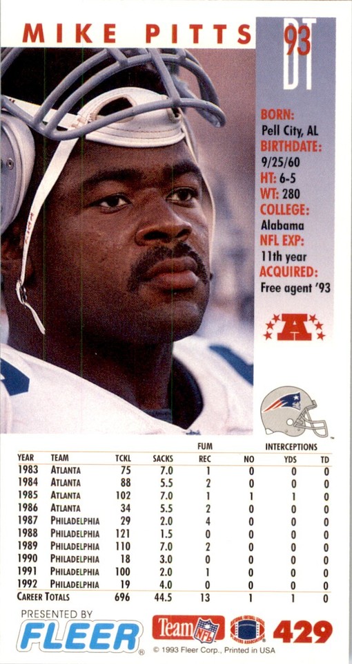1993 NFL Gameday Tallboy Tall Boy MIKE PITTS New England Patriots #429 ...