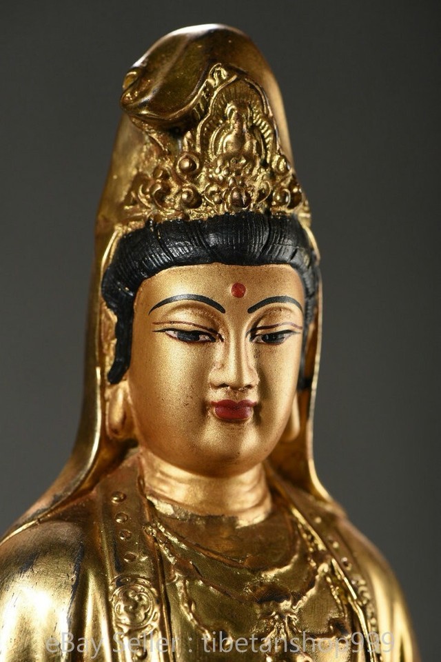 18.8" Old Chinese Copper Gild Buddhism Stand Kwan-yin Guan Yin Goddess ...