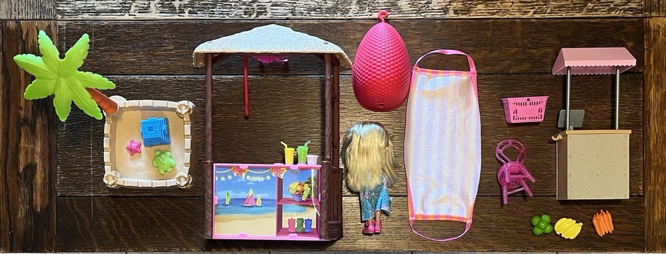 Barbie Chelsea Tiki Hut Playset & Fruit Stand w/ 1 Chelsea Doll Figure ...