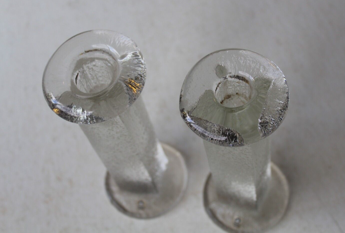 Pair of Vintage Pukeberg Ice Glass Column Candlestick Sweden 19cm w ...