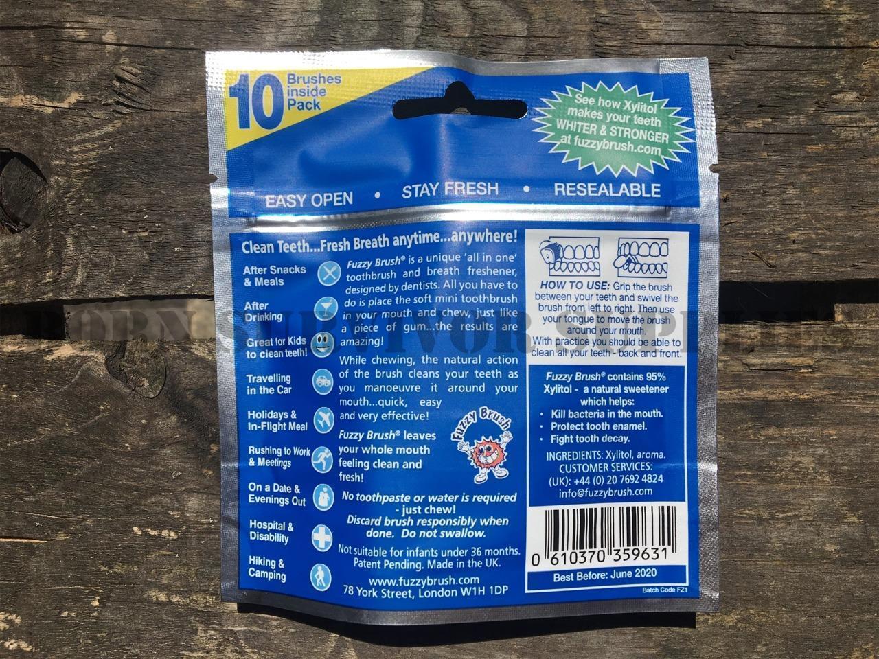 3 x FUZZY BRUSH CHEWABLE TOOTHBRUSH Coolmint Disposable Travel Camping ...