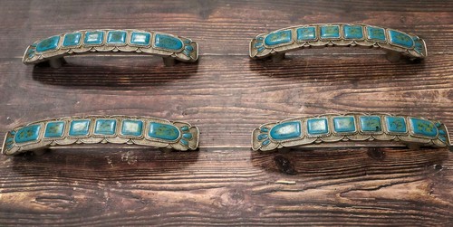 Set Of 4 Rustic Western Silver Turquoise Boho Drawer Cabinet Door Bar ...