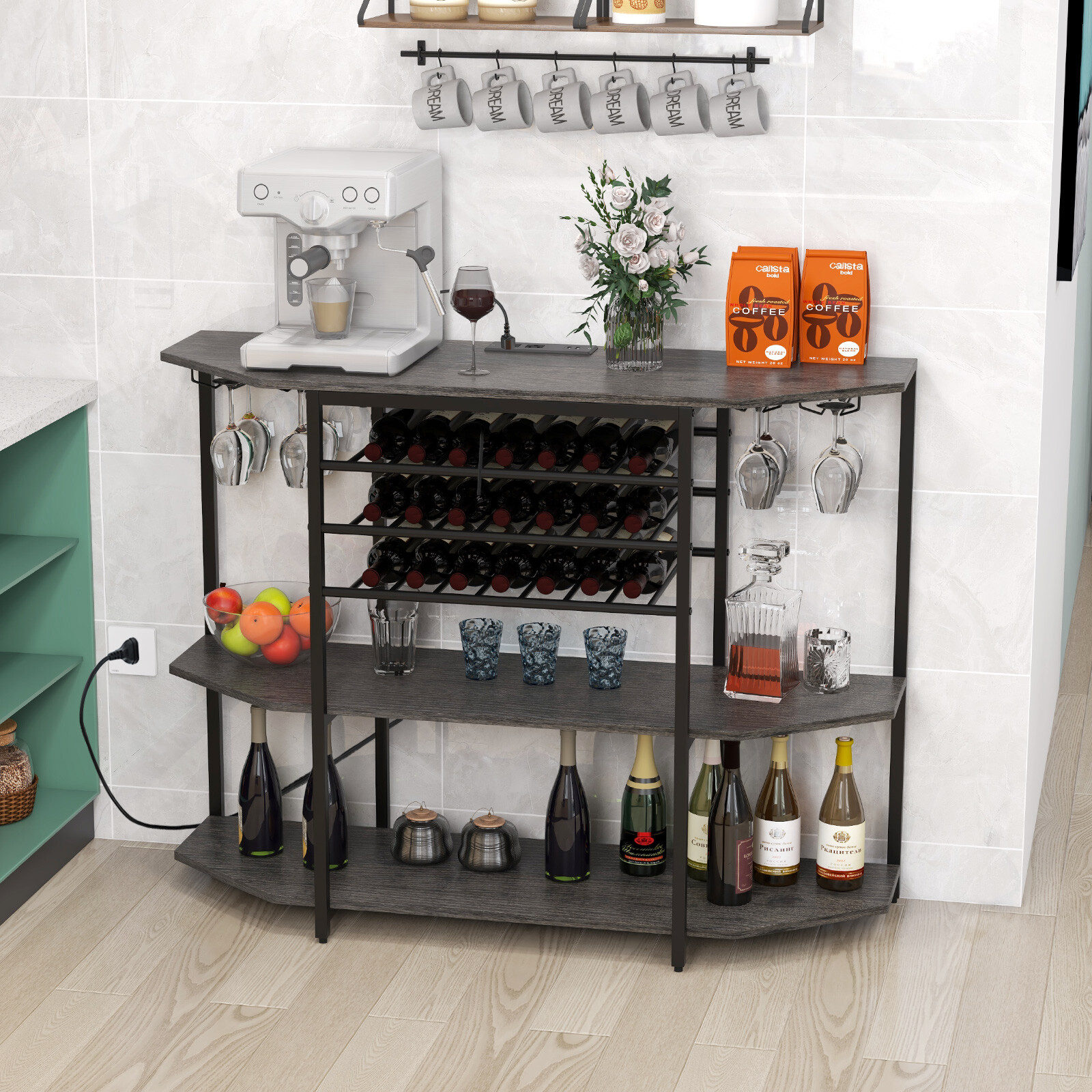 3-Tier Wine Rack Table w/Power Outlets, Wine Bottle Rack, Sideboard ...