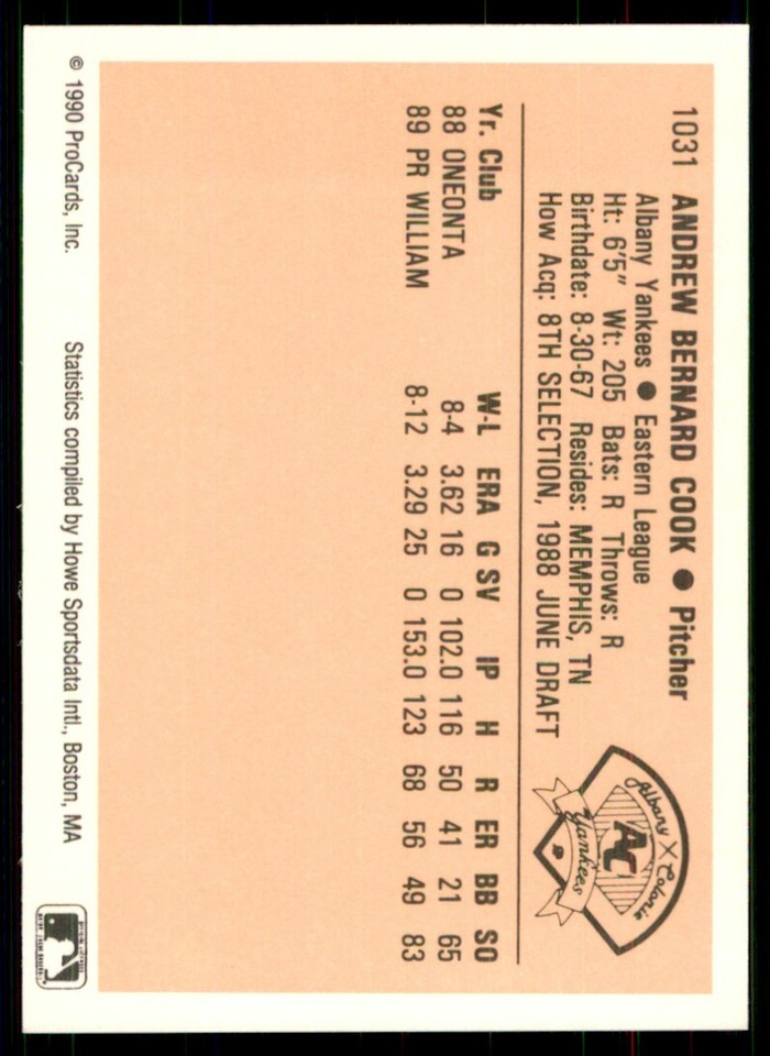 1990 ProCards Andy Cook Albany-Colonie Yankees #1031 | eBay
