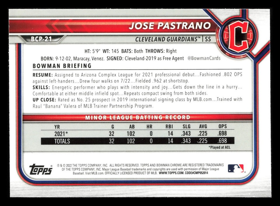 Jose Pastrano 2022 Bowman #BCP-21 Guardians CHROME 1ST MOJO REFRACTOR ...