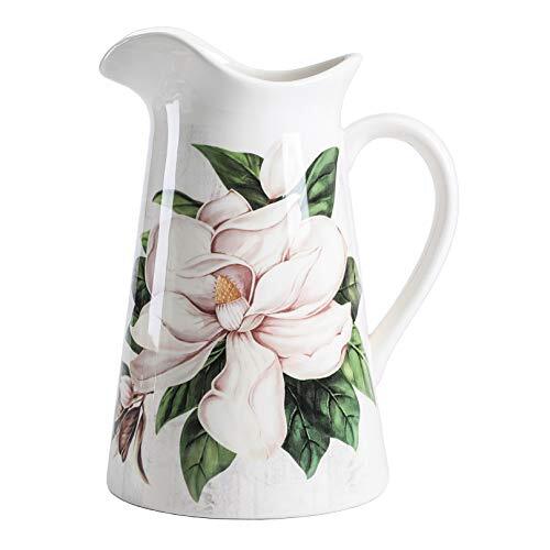 MAGNOLIA FLORAL CERAMIC 2.5 QUARTS PITCHER WITH HANDLE DECORATIVE VASE ...